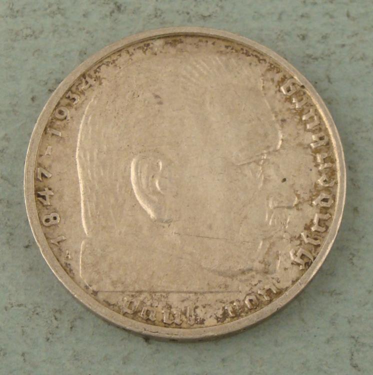 1939 2RM NAZI SILVER COIN W/EAGLE, SWASTIKA, HINDENBURG