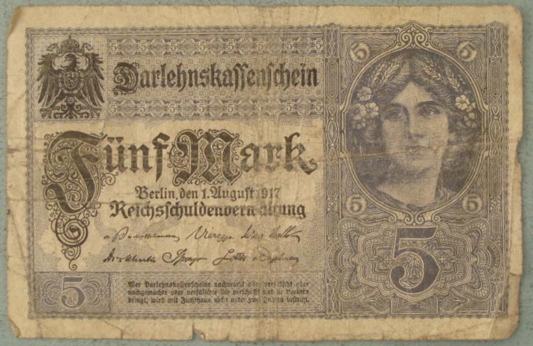 5 Mark Note 1917 Germany Inflationary Currency