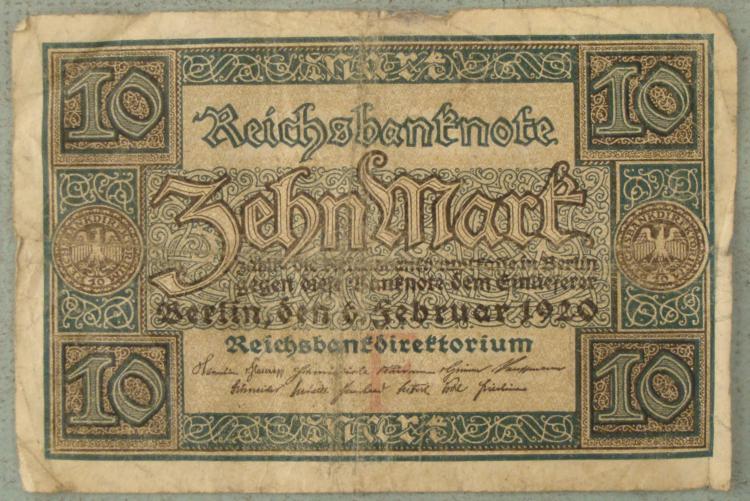 10 Mark Note 1920 Germany Inflationary Currency
