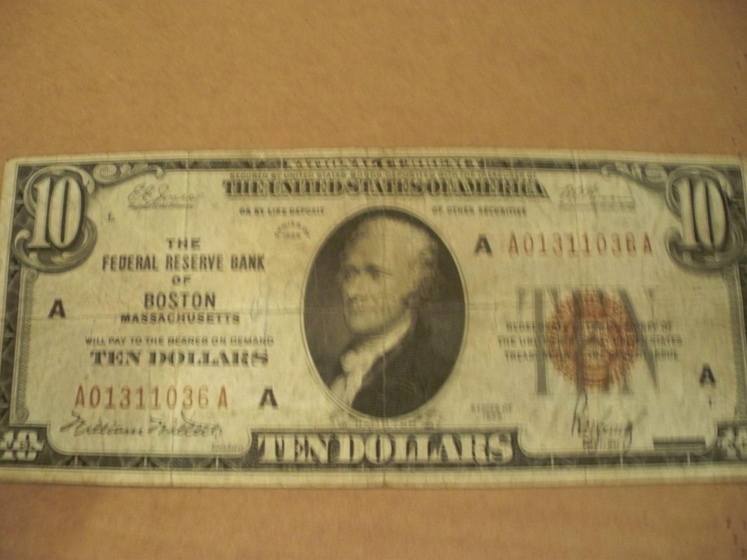 1929 $10 Federal Reserve Bank of Boston Bank Note