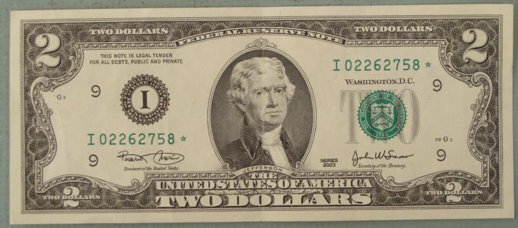 Star Note $2 Two Dollar Bill, I Mint Minneapolis 2003
