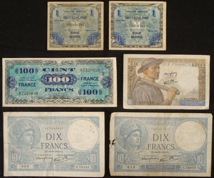 6 WWII ERA CURRENCY NOTES-2 NAZI-PLUS FRENCH