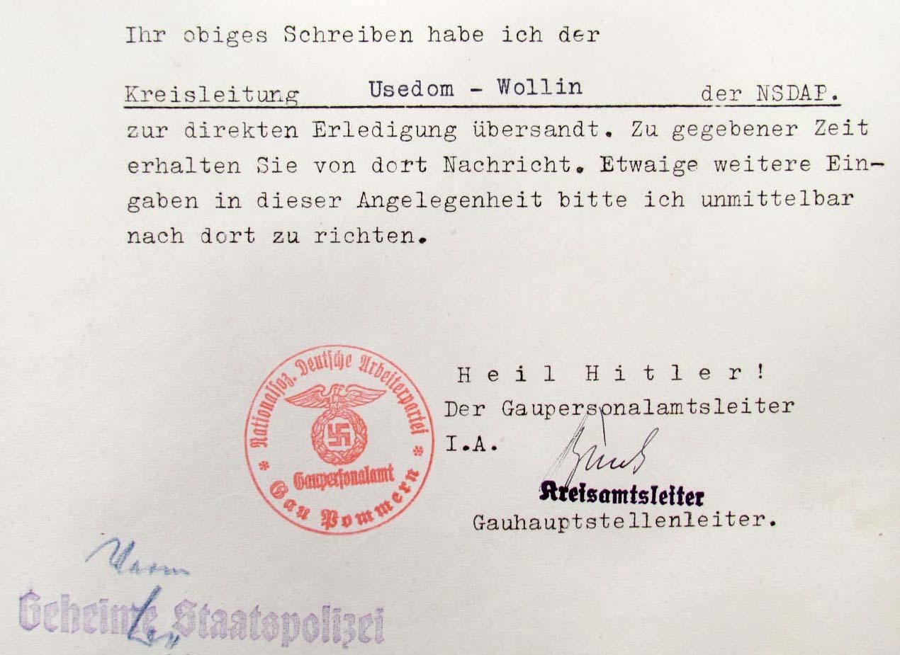 1940 DOCUMENT FROM THE GERMAN NAZI SECRET POLICE - GEHEING STAATSPOLIZEI