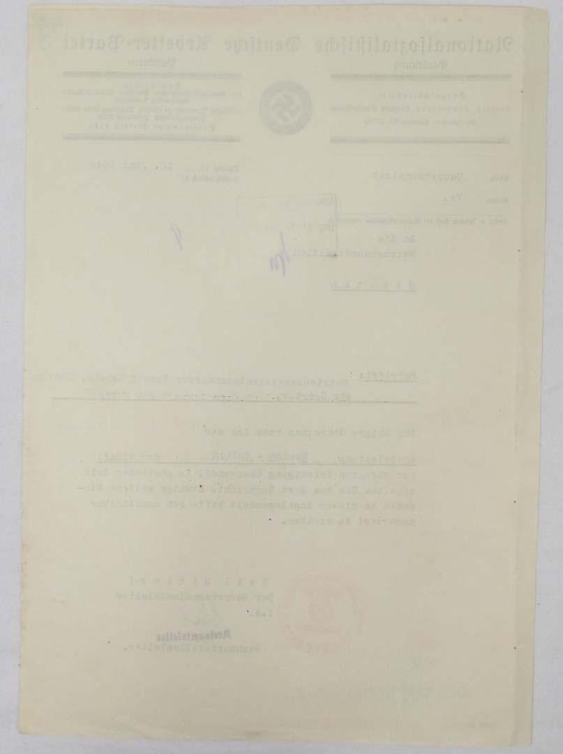 1940 DOCUMENT FROM THE GERMAN NAZI SECRET POLICE - GEHEING STAATSPOLIZEI