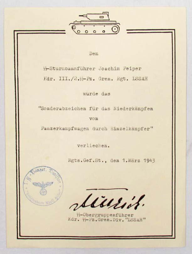 1944 GERMAN NAZI SS DESTRUCTION TANK AWARD DOCUMENT