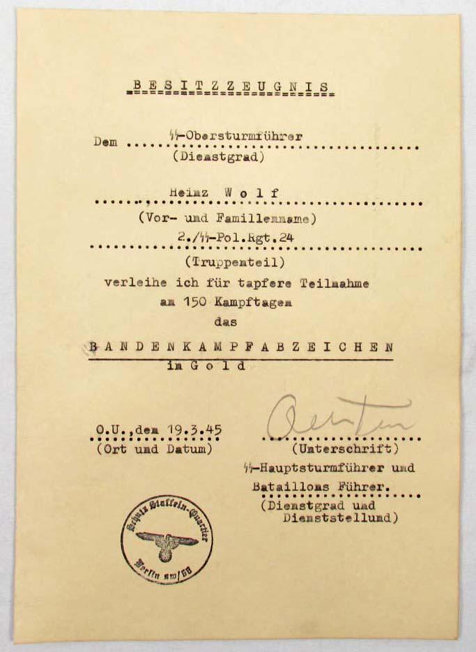 1945 GERMAN NAZI WAFFEN SS ANTI-PARTISAN BADGE AWARD DOCUMENT