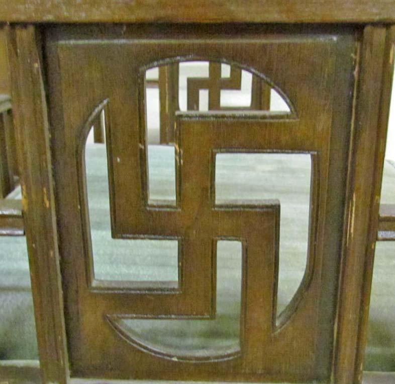 WOODEN CHAIR W/ INDIAN PEACE OR SWASTIKA DESIGN