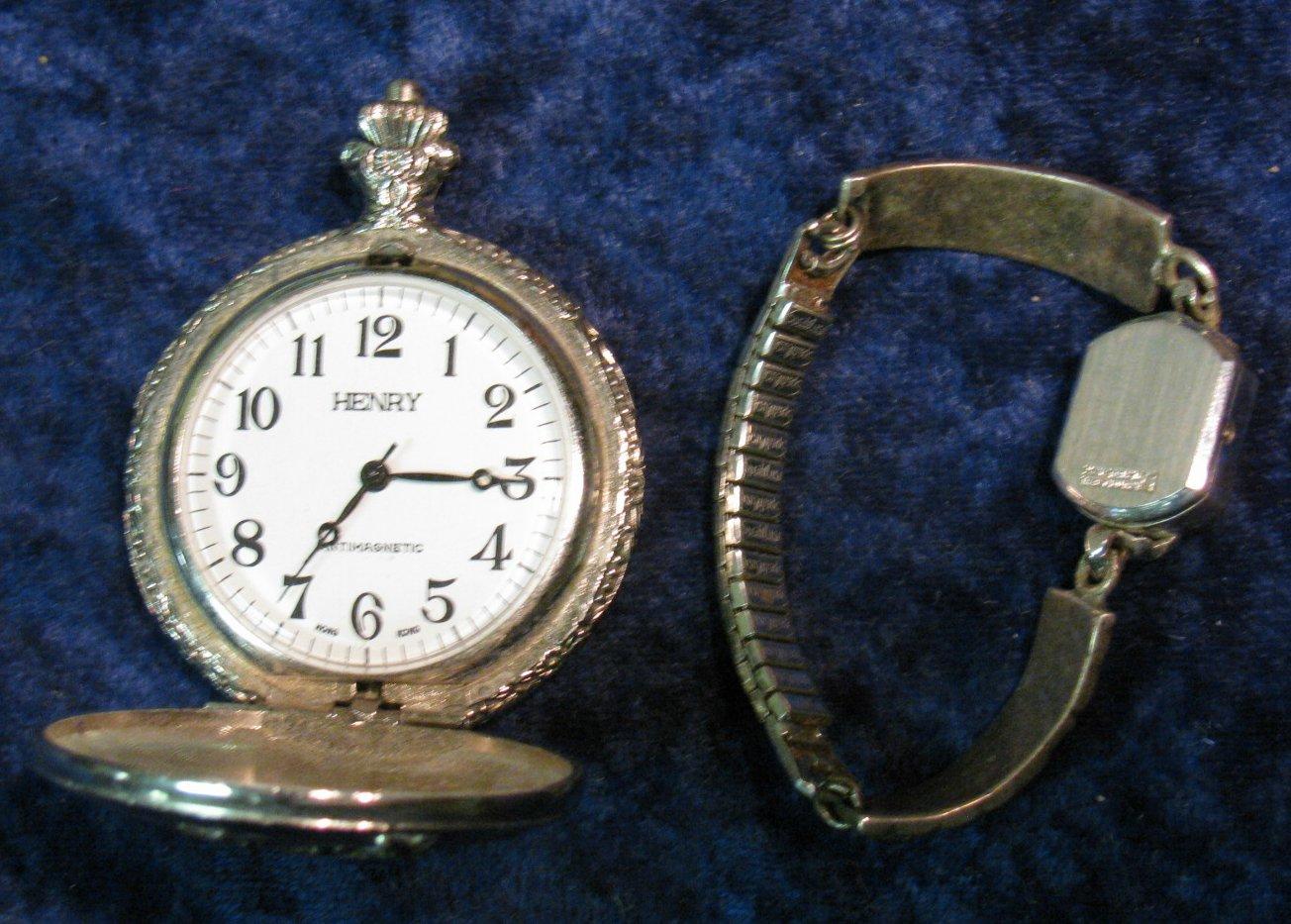1363. Modern Henry Pocket Watch & Antique Wrist Watch W/ Turquoise.