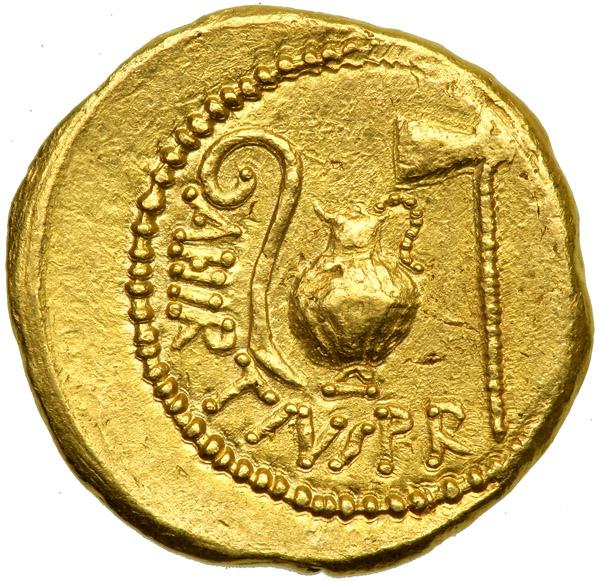 Julius Caesar, d. 44 BC. Gold Aureus (8.06 g) minted at Rome by moneyer ...