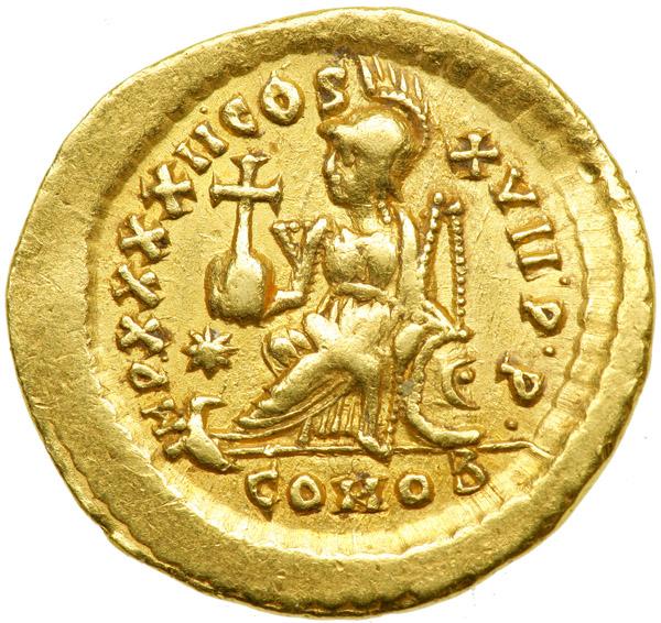 Valentinian III, AD 425-455. Gold Solidus (4.44 g) minted c. AD 441-450. VF