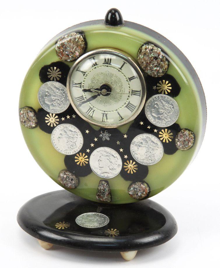 1960'S CLOCK W MORGAN SILVER DOLLARS IN LUCITE