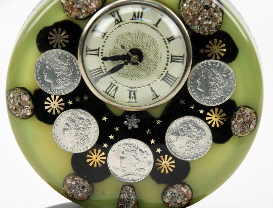 1960'S CLOCK W MORGAN SILVER DOLLARS IN LUCITE