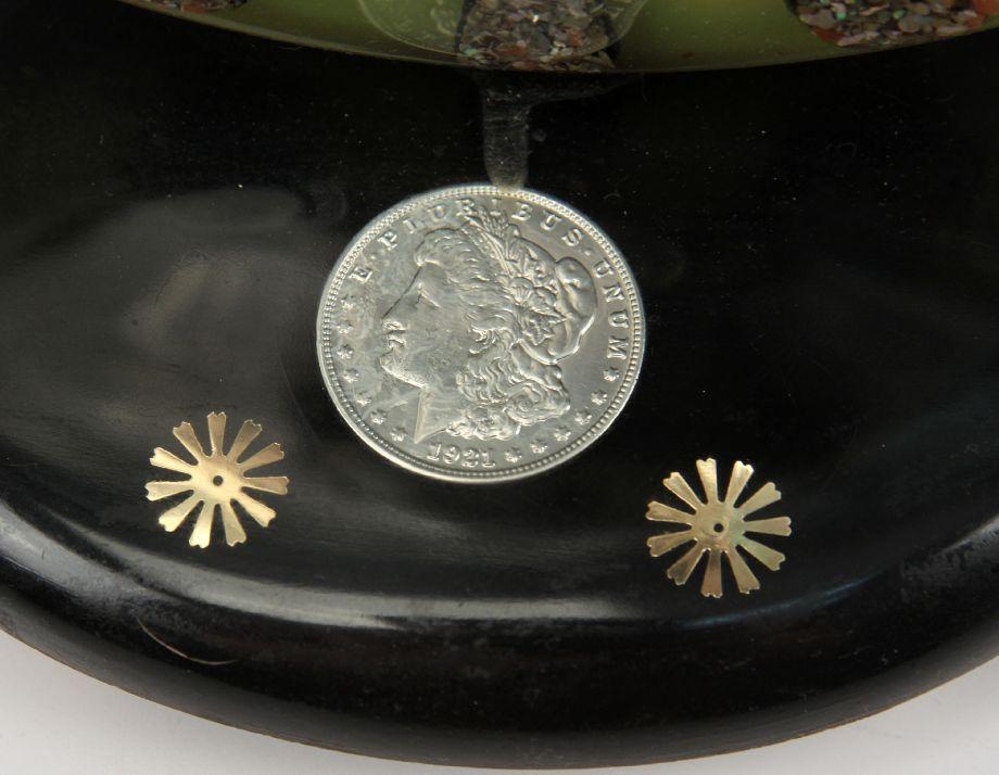 1960'S CLOCK W MORGAN SILVER DOLLARS IN LUCITE