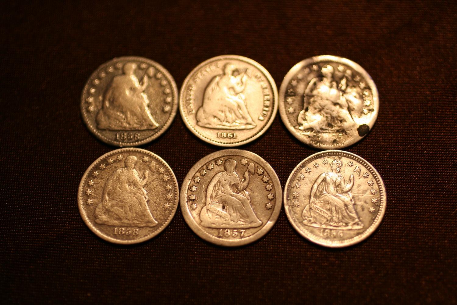 Lot of 6 Half Dimes - 1855, 1856, 1857, 1858, 1858, 1861