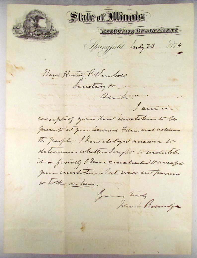1874 STATE OF ILLINOIS EXECUTIVE DEPT HANDWRITTEN LETTER SIGNED - JOHN ...