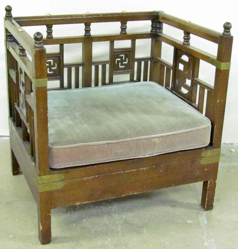 WOODEN CHAIR W/ INDIAN PEACE OR SWASTIKA DESIGN