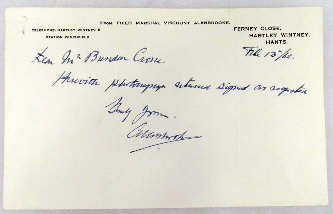 SIGNED LETTER BY ALAN BROOKE SENIOR COMMANDER OF THE BRITISH ARMY