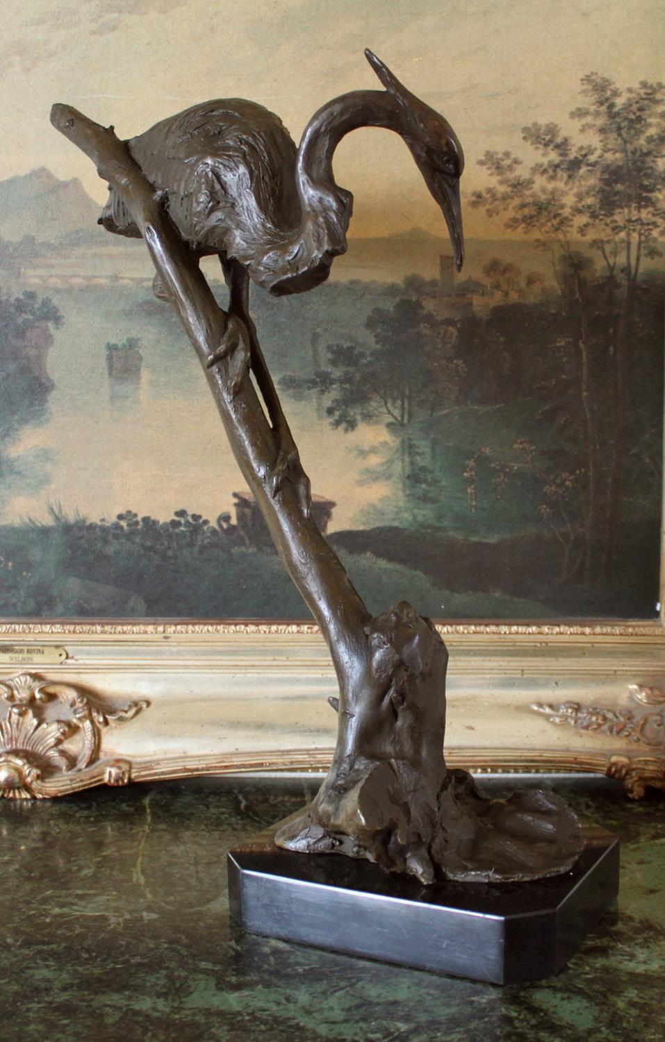 SM497 - Lovely Bronze Sculpture Heron, Wetlands Wading Bird