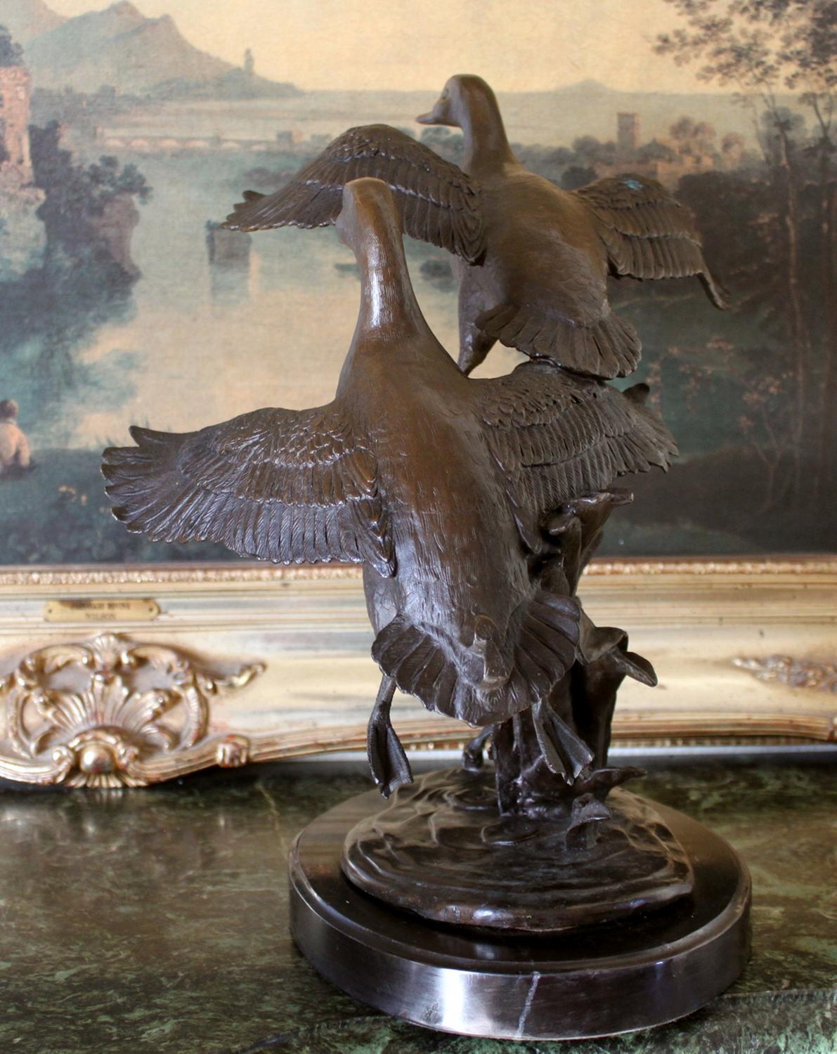 CD011 - Remarkable Bronze Sculpture Two Flying Ducks