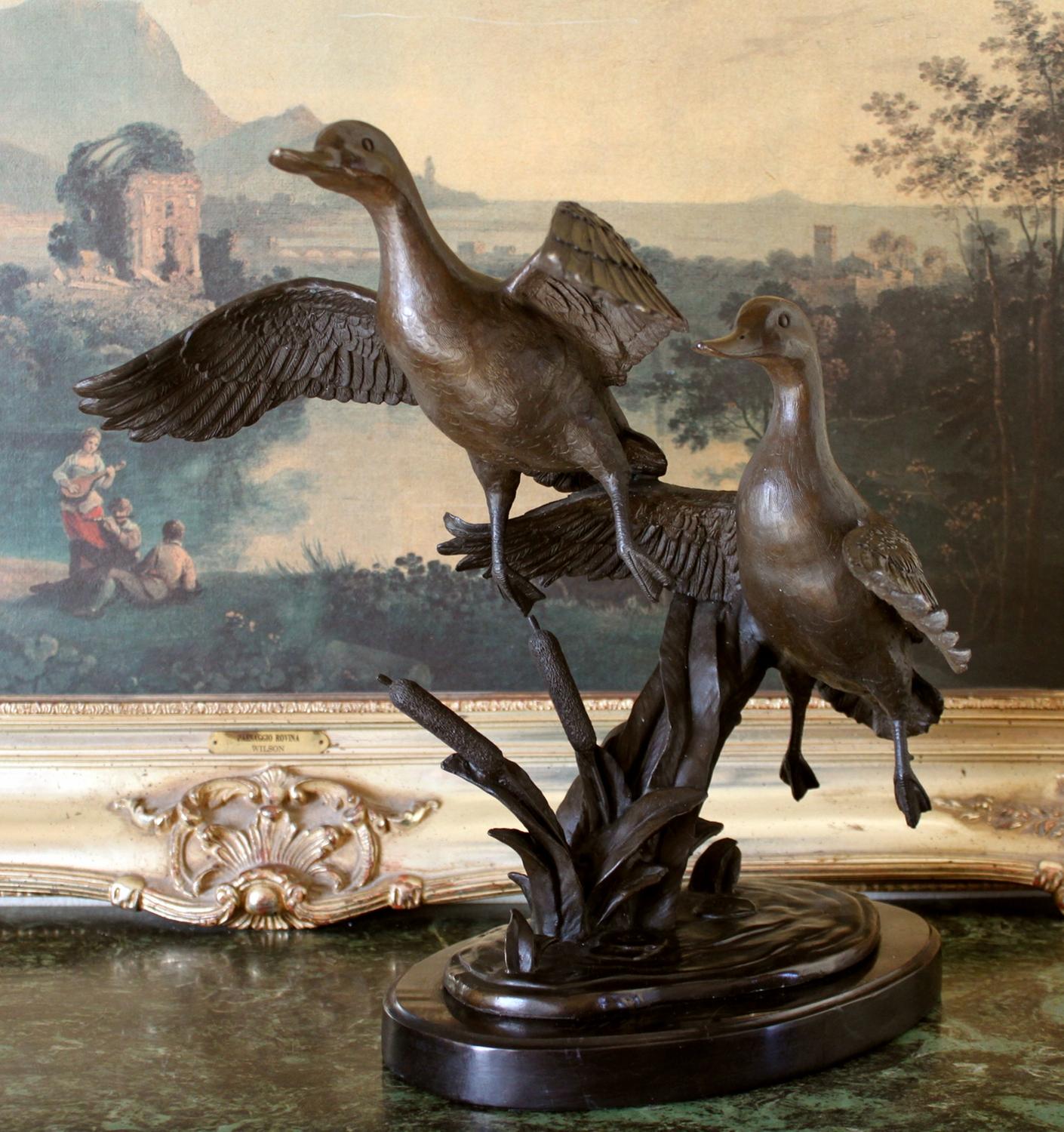 CD011 - Remarkable Bronze Sculpture Two Flying Ducks