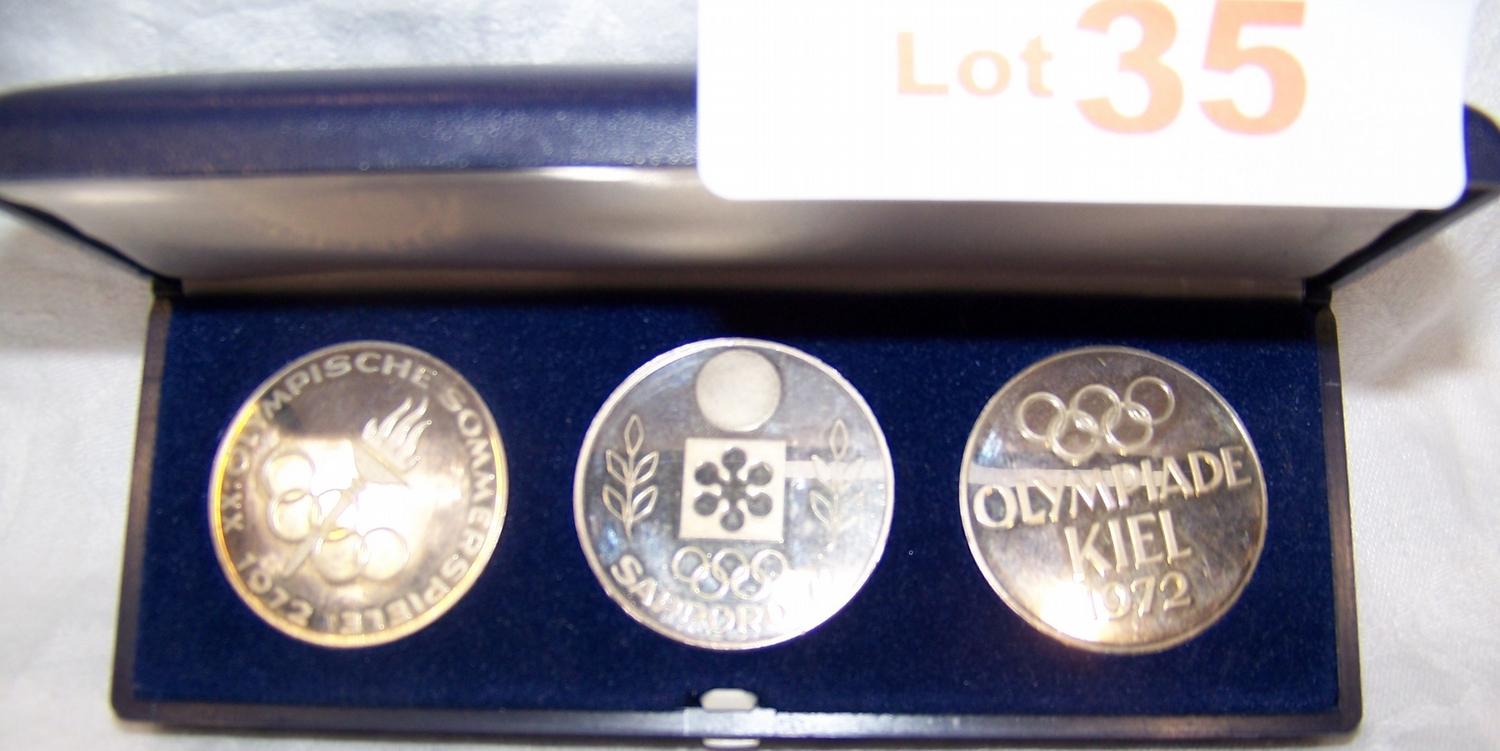 3 OLYMPIC STERLING SILVER COMMEMMORATIVE COINS 1972-1.5 OZ. PURE ...