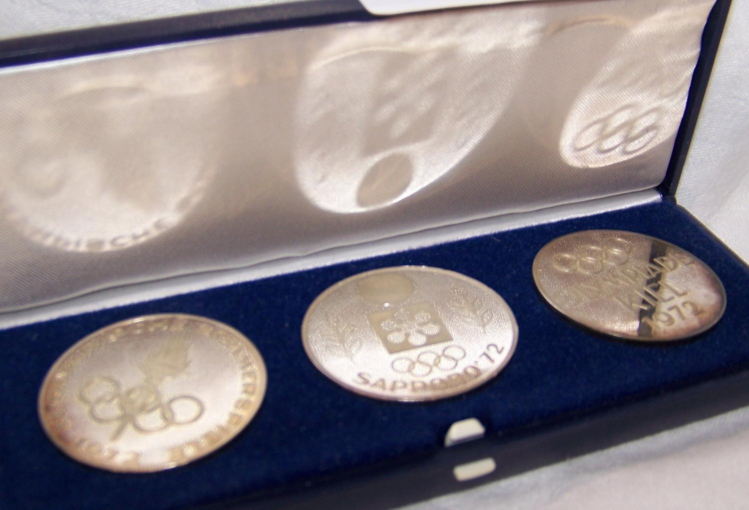3 OLYMPIC STERLING SILVER COMMEMMORATIVE COINS 1972-1.5 OZ. PURE ...