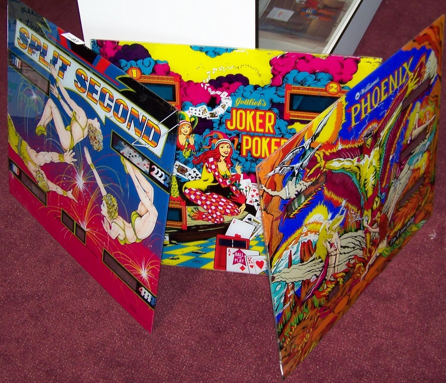 Three Pinball Machine Glass Pieces. Phoenix, Split Second, and Joker Poker.
