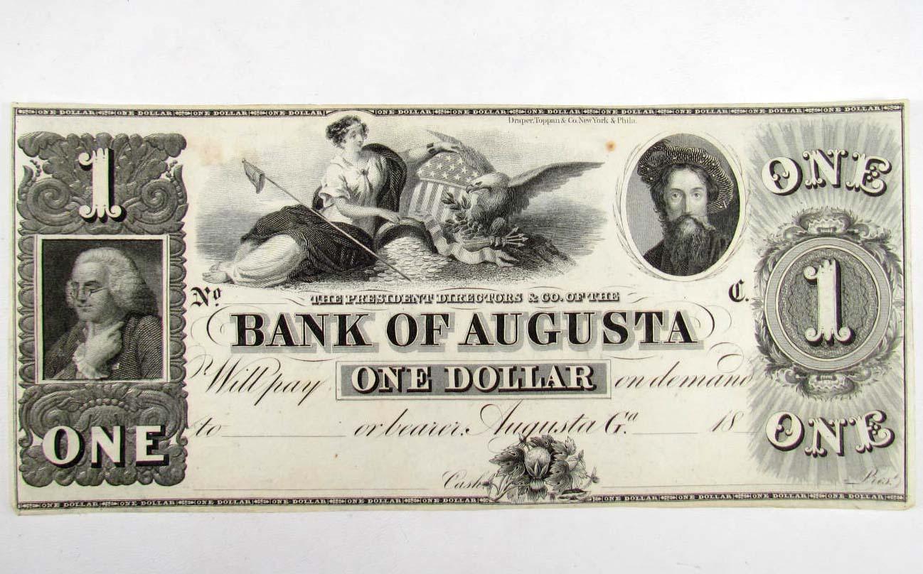 1545 - C. 1850'S BANK OF AUGUSTA (GA) 1 DOLLAR NOTE - UNC.