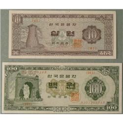 2 Bank of Korea Paper Money CU 10 & 100 Won 1965