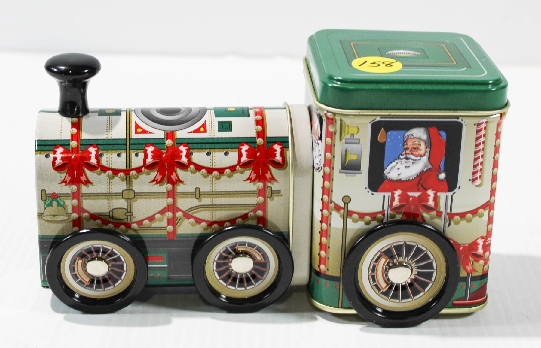HOLIDAY JOY TRAIN TIN W/ MOVABLE WHEELS
