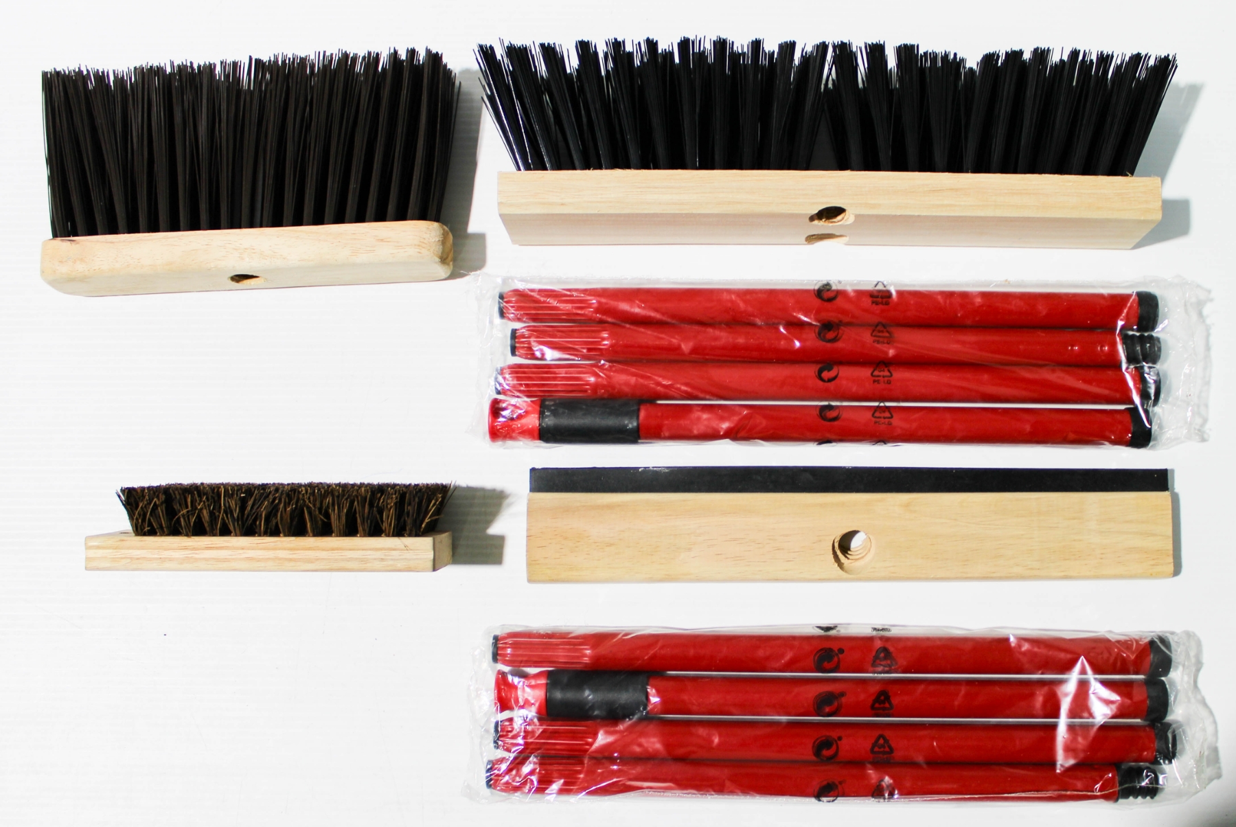 NEW BROOM HEADS & 2 NEW BROOM HANDLES ETC.