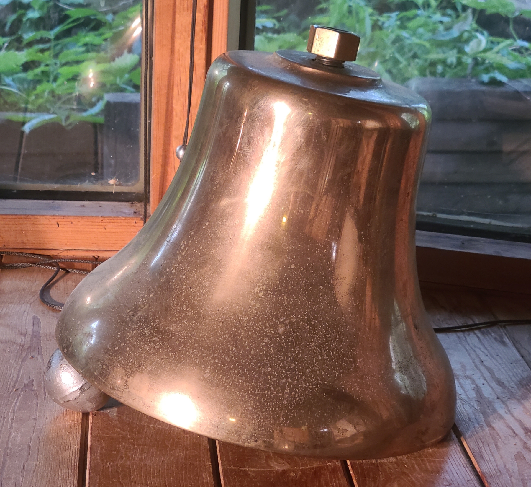 HEAVY BRASS BELL APPROX 1 FT H X 1FT ACROSS BOTTOM