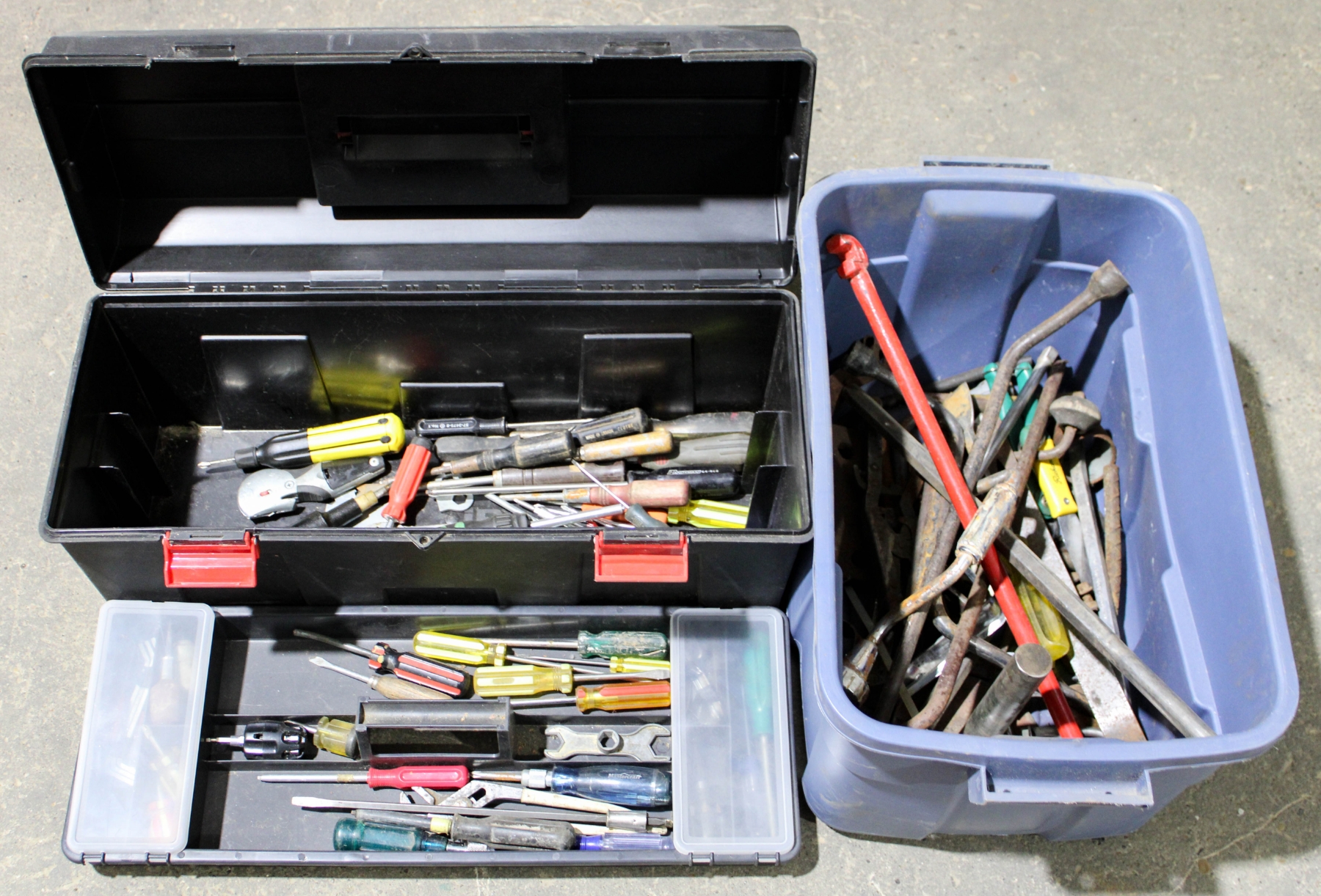TOOL BOX & TOTE W/ ASSORT. TOOLS & SCRAP METAL