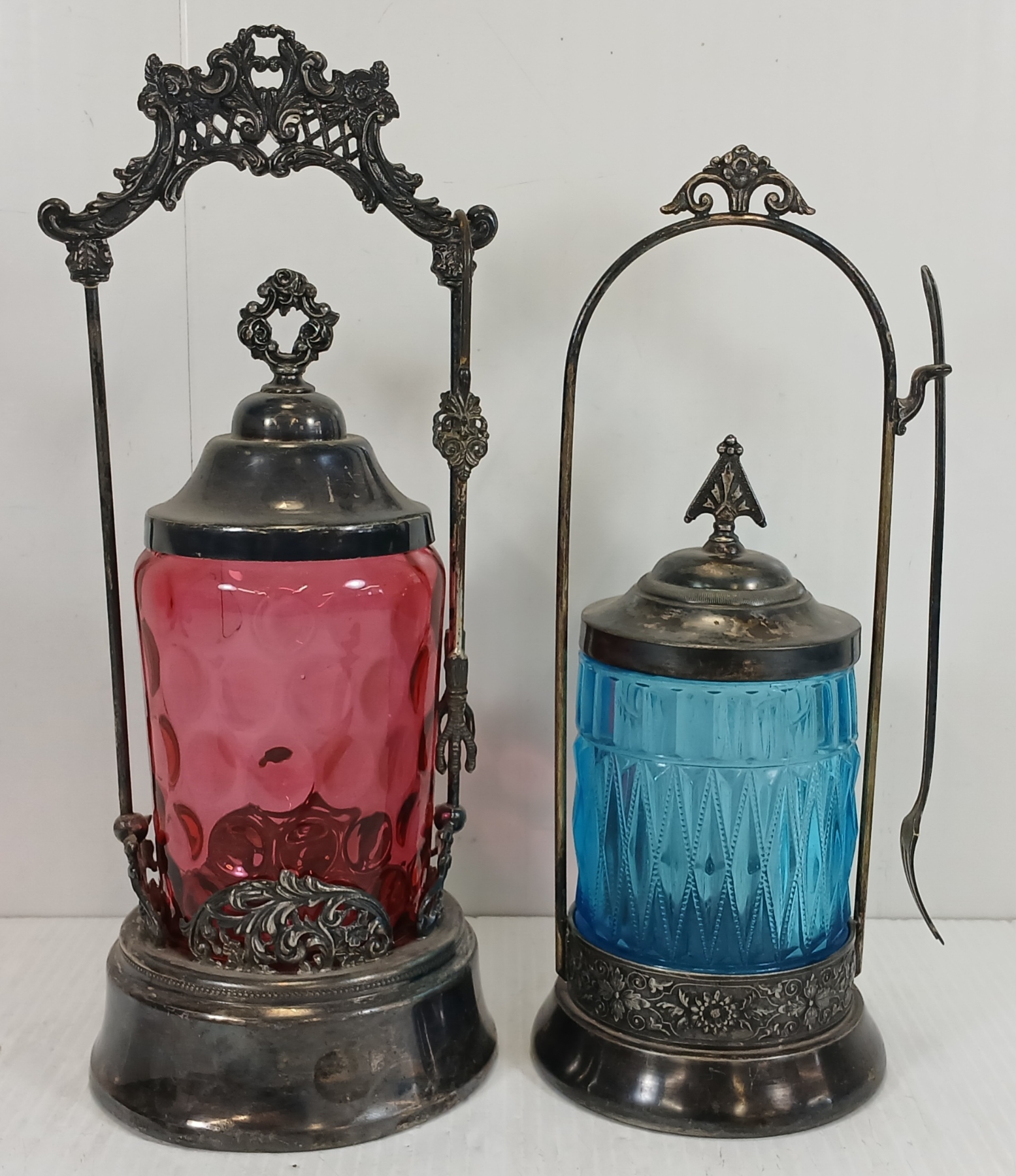 LOT OF 2 - VICTORIAN PICKLE CASTORS - BLUE & CRANBERRY GLASS