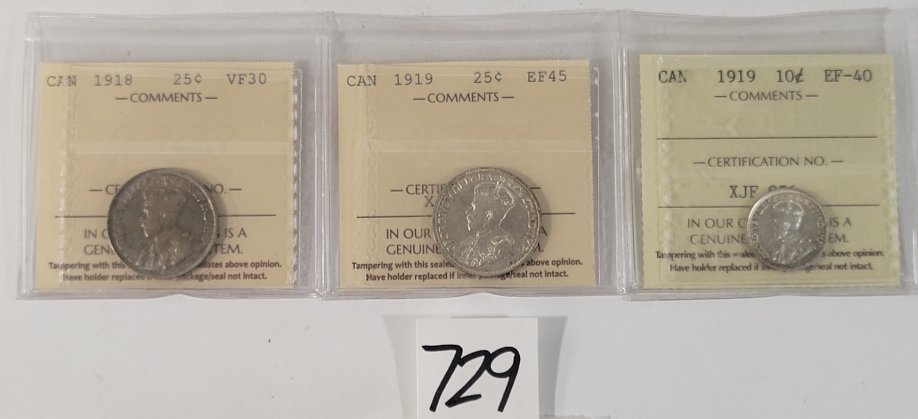 LOT OF 3 - 1918 & 1919 CDN 10 & 25 CENT SILVER COINS - ICCS GRADED ...