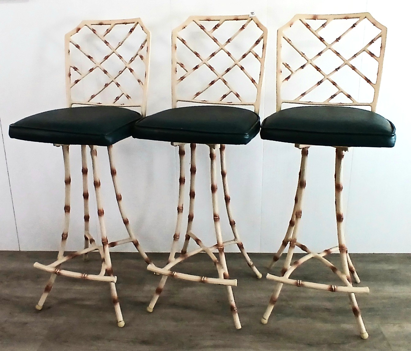 LOT OF 3 - CAST IRON TIKI BAR STOOLS W/ GREEN VINYL SEATS - Kidd Family ...