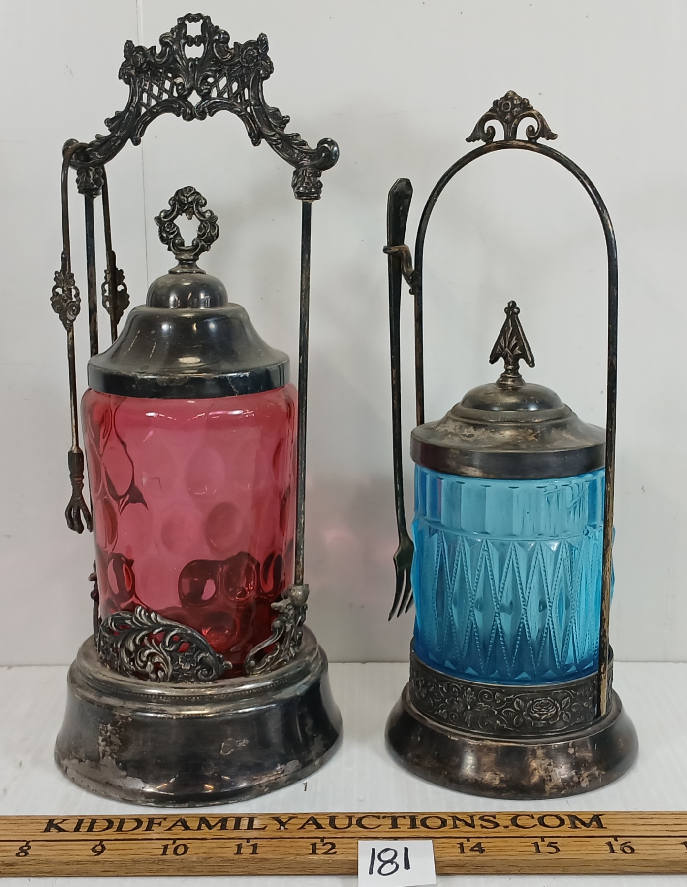 LOT OF 2 - VICTORIAN PICKLE CASTORS - BLUE & CRANBERRY GLASS