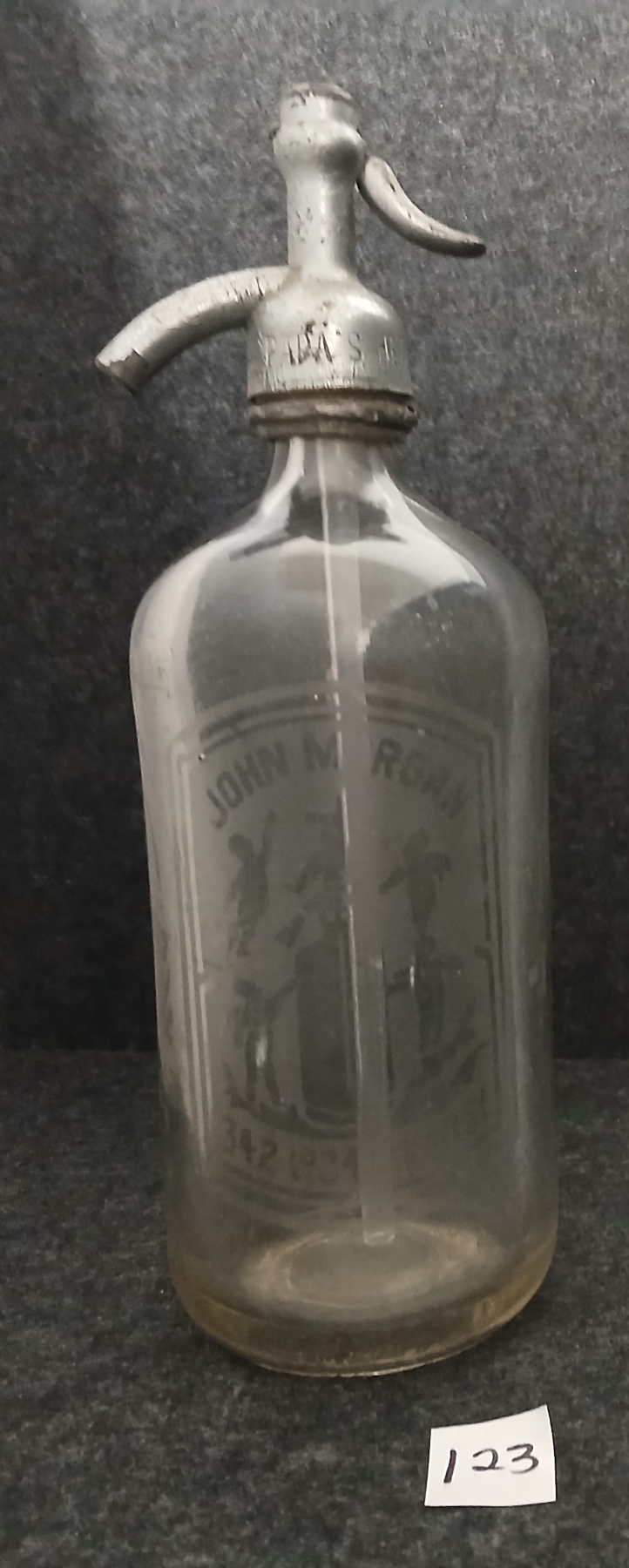 JOHN MORGAN - CLEAR ACID-ETCHED - 28OZ(?) SYPHON BOTTLE - Kidd Family ...
