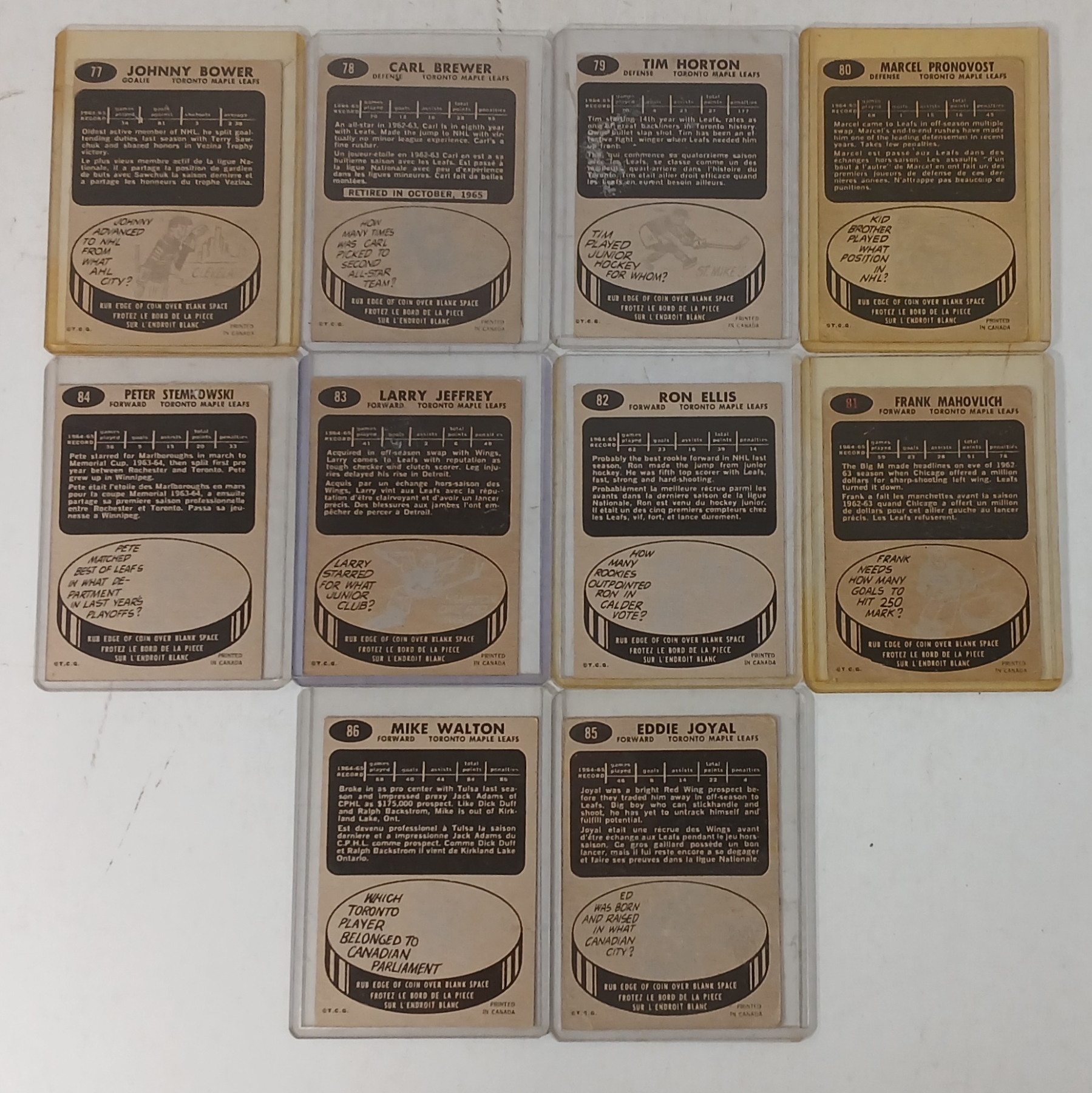 LOT OF 10 - 1965-1966 OPC TORONTO MAPLE LEAFS HOCKEY CARDS