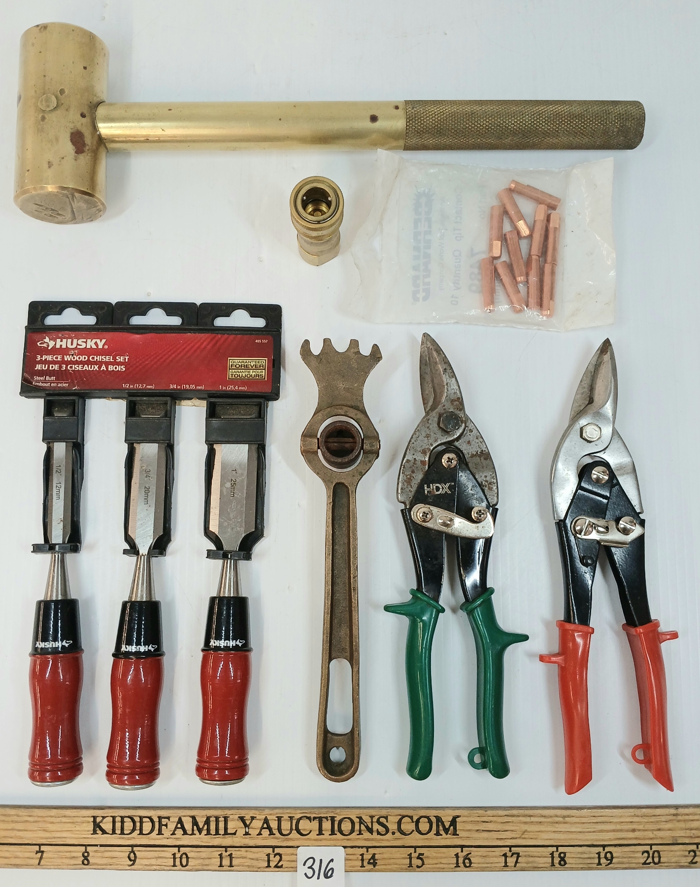 JOB LOT - BRASS HAMMER & WRENCH, 3PC CHISEL SET, SNIPS, ETC