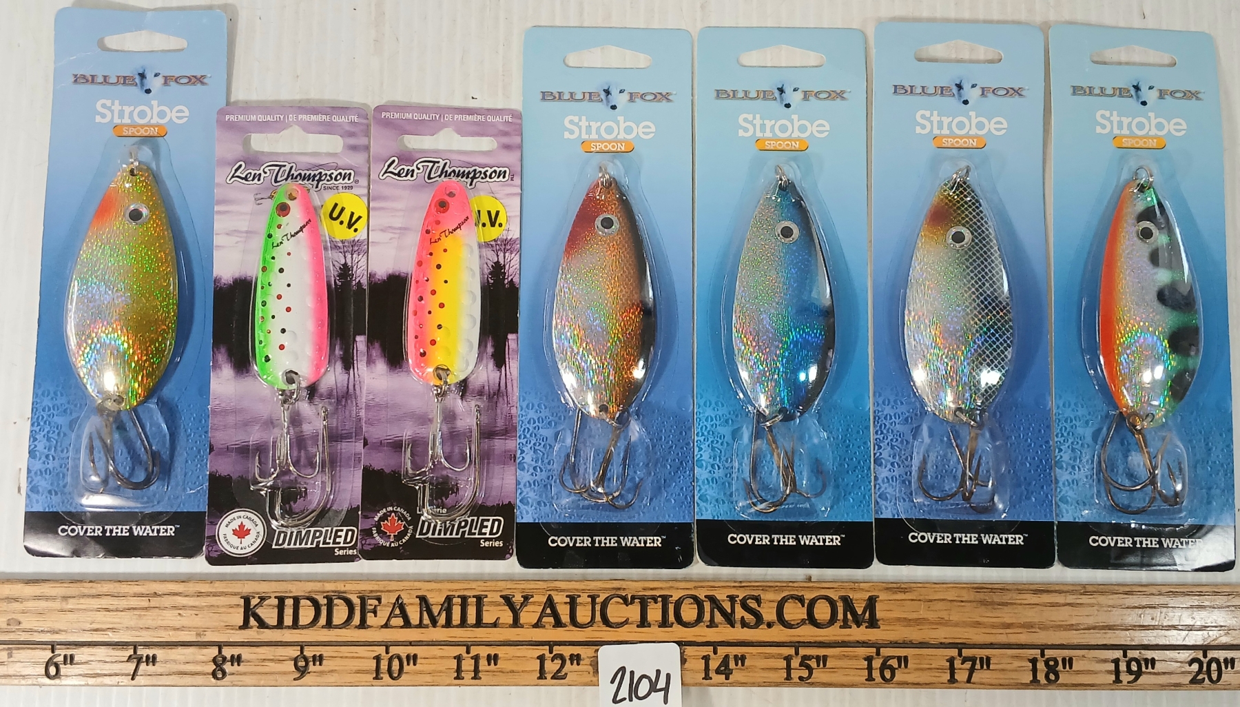 LOT OF 7 - LEN THOMPSON UV DIMPLED LURES & BLUE FOX STROBE SPOON LURES