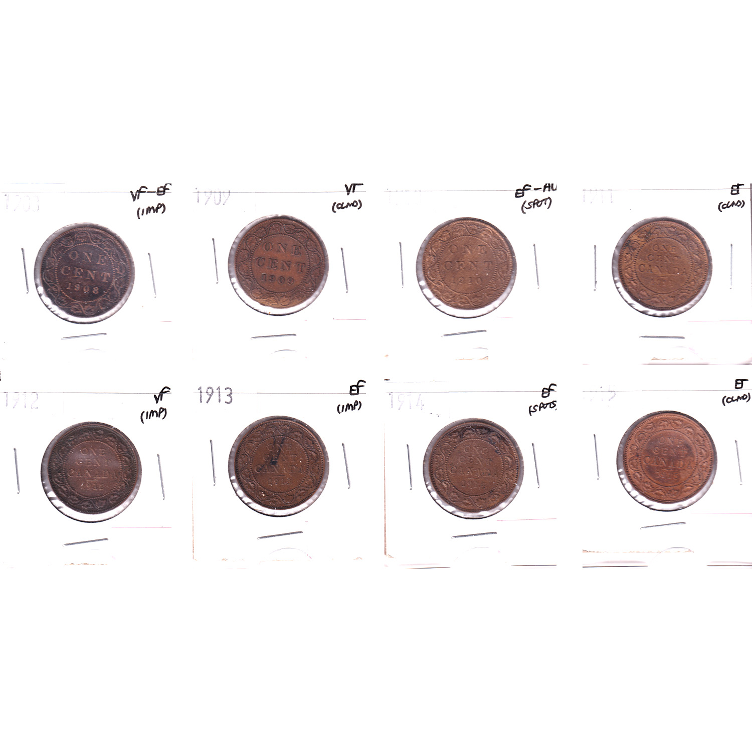 5-cent 1908-1915 Collection in 8-Pocket Sheet. 8pcs.