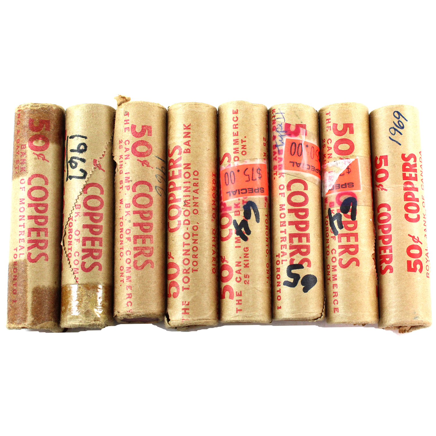 1-cent 2x 1964, 2x 1965, 1966, 2x 1967 & 1969 Penny Rolls of 50pcs. 8 Rolls