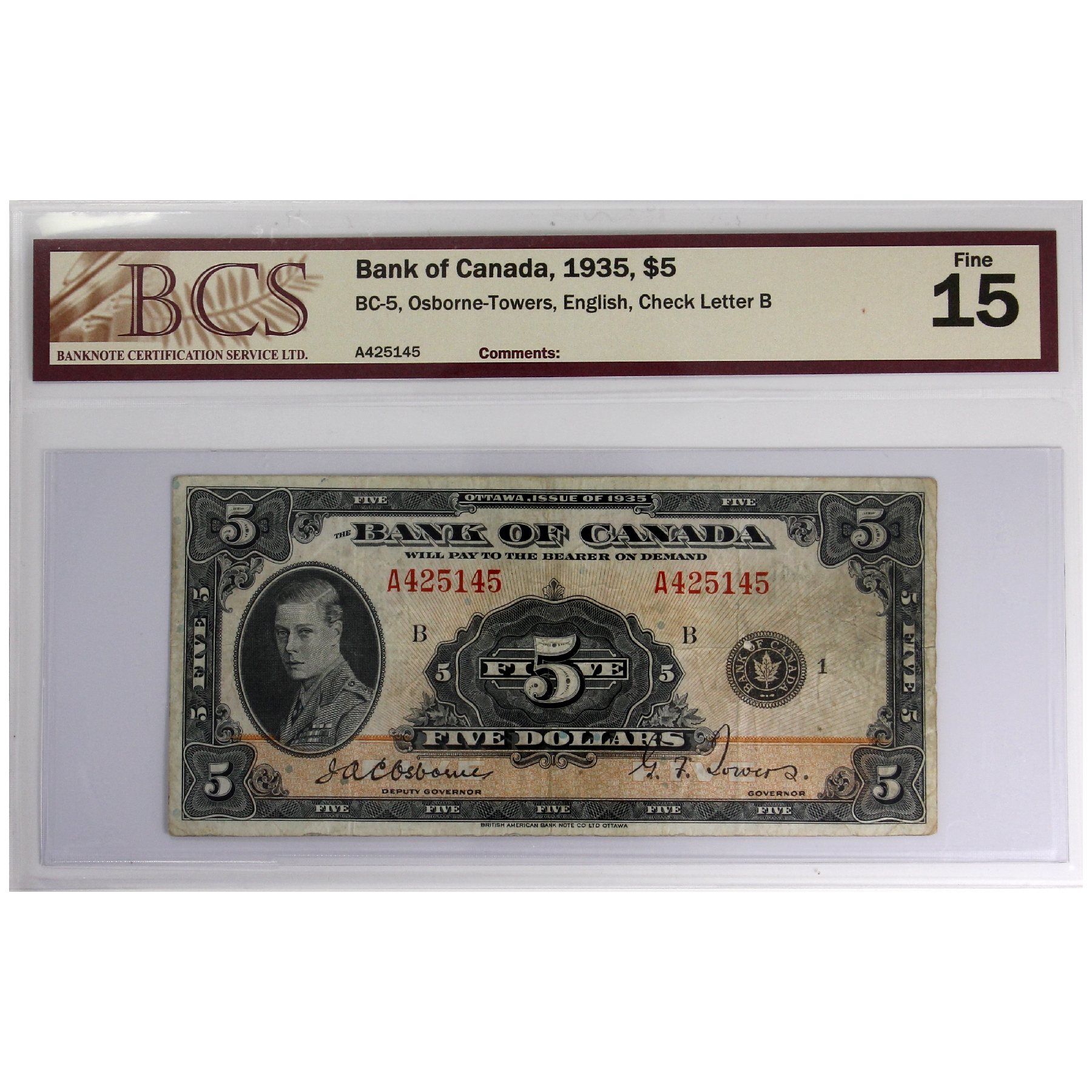 BC-5 1935 $5 English BCS F15 Osborne-Towers SN: A425145 Check Letter B