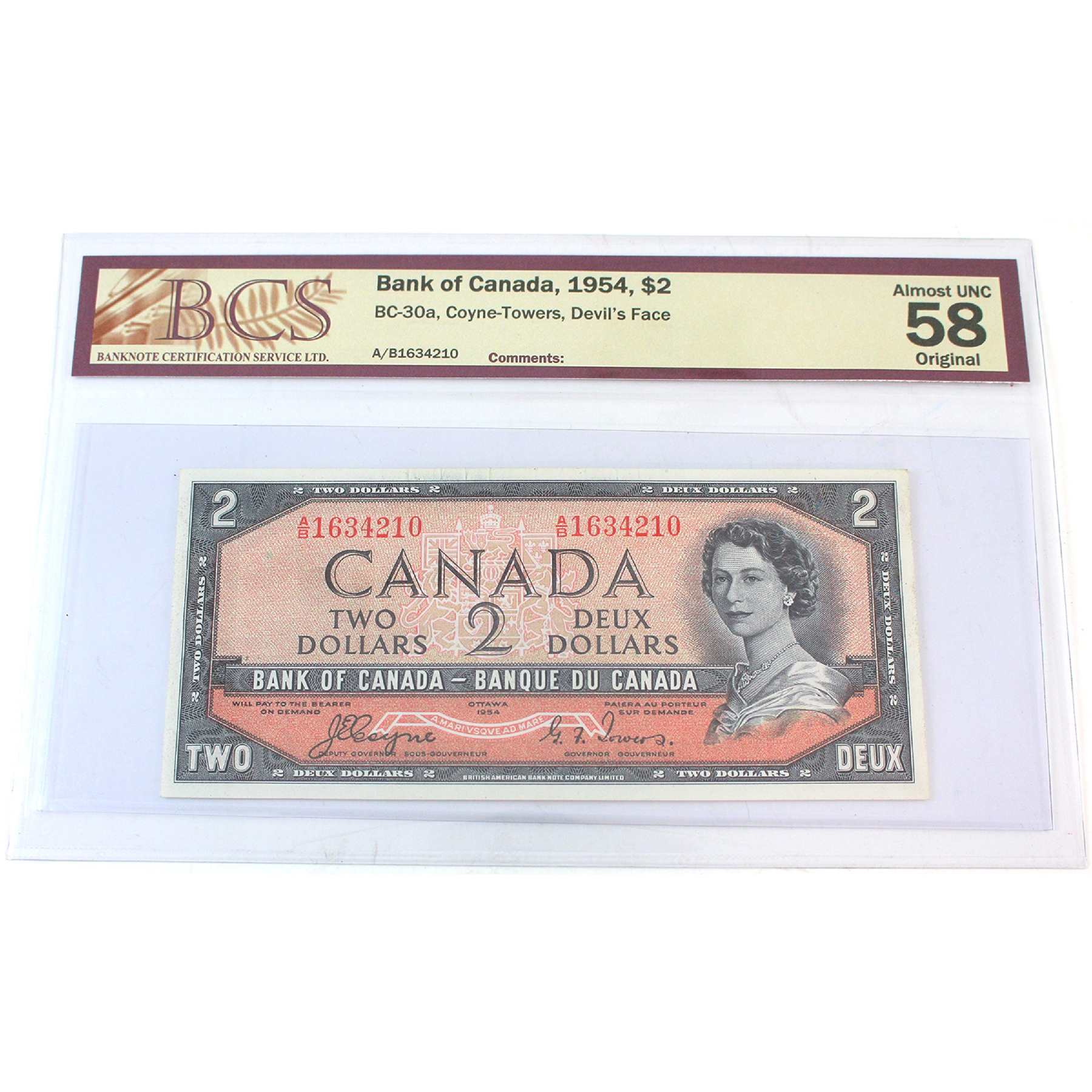 BC-30a 1954 $2 Devil's Face BCS AU58 Original Coyne-Towers SN: A/B1634210