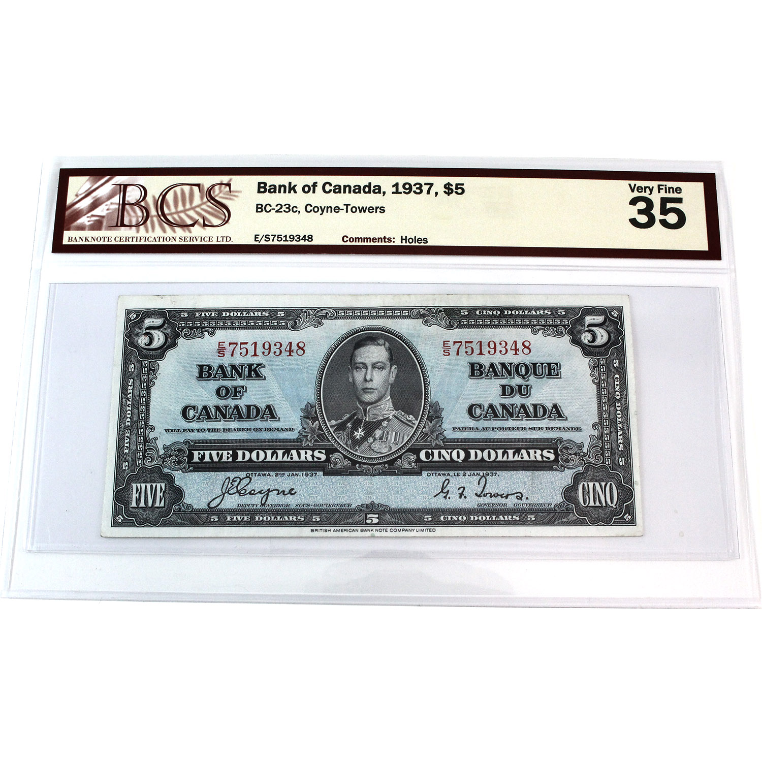 BC-23c 1937 $5 BCS VF35, ES Prefix, Coyne-Towers SN: E/S7519348