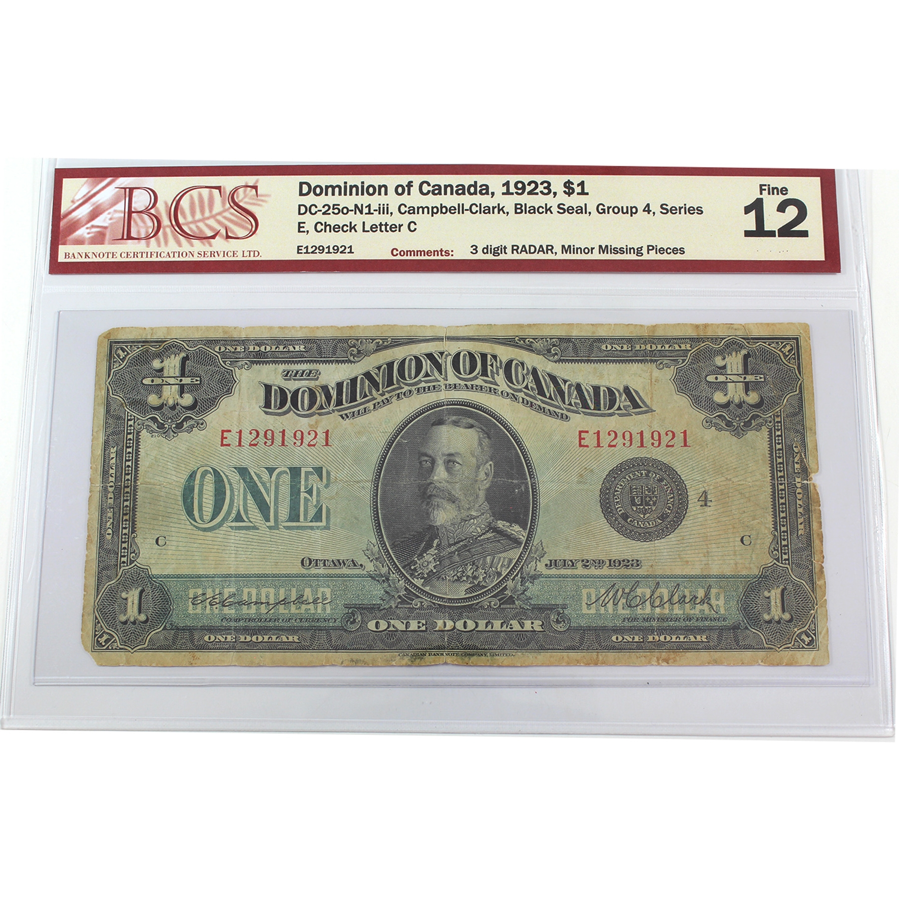RADAR DC-25o-N1-iii 1923 $1 3-Digit RADAR Black Seal Group 4 Series E ...
