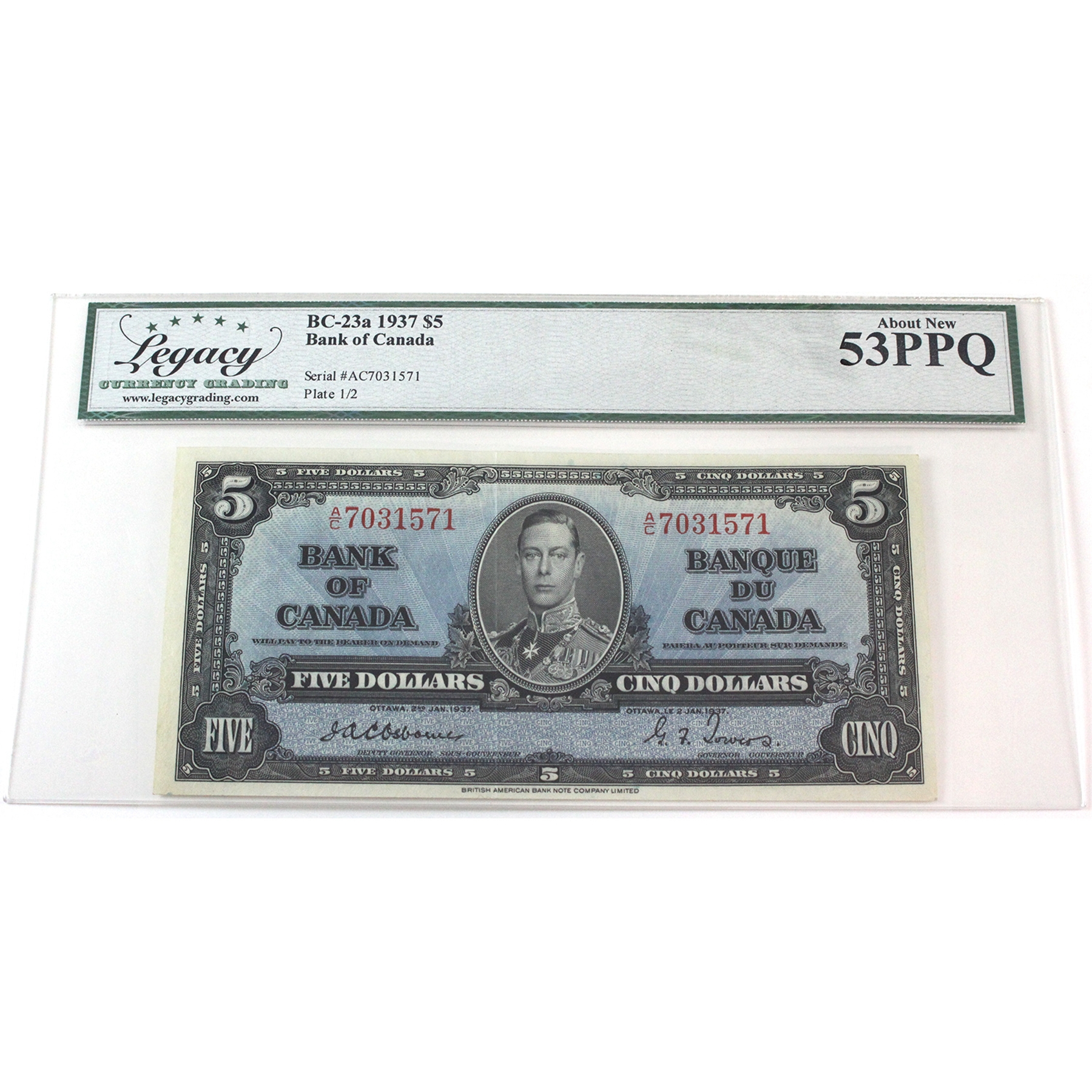 BC-23a 1937 $5 Legacy AU53 PPQ Osborne-Towers SN: A/C7031571