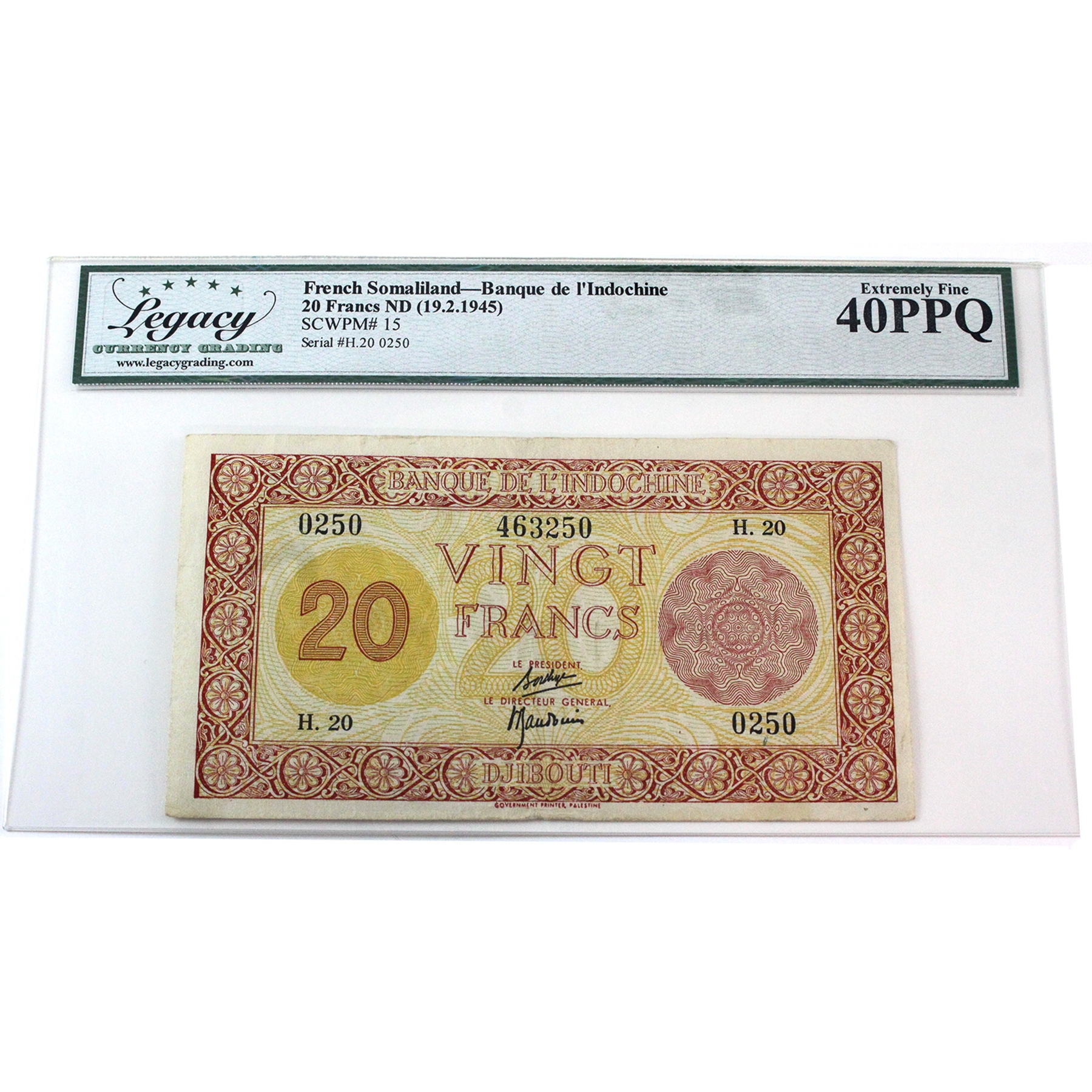 French Somaliland ND (1945) Pick#15 Banknote Banque de I'Indochine 20 Francs Legacy EF40 PPQ