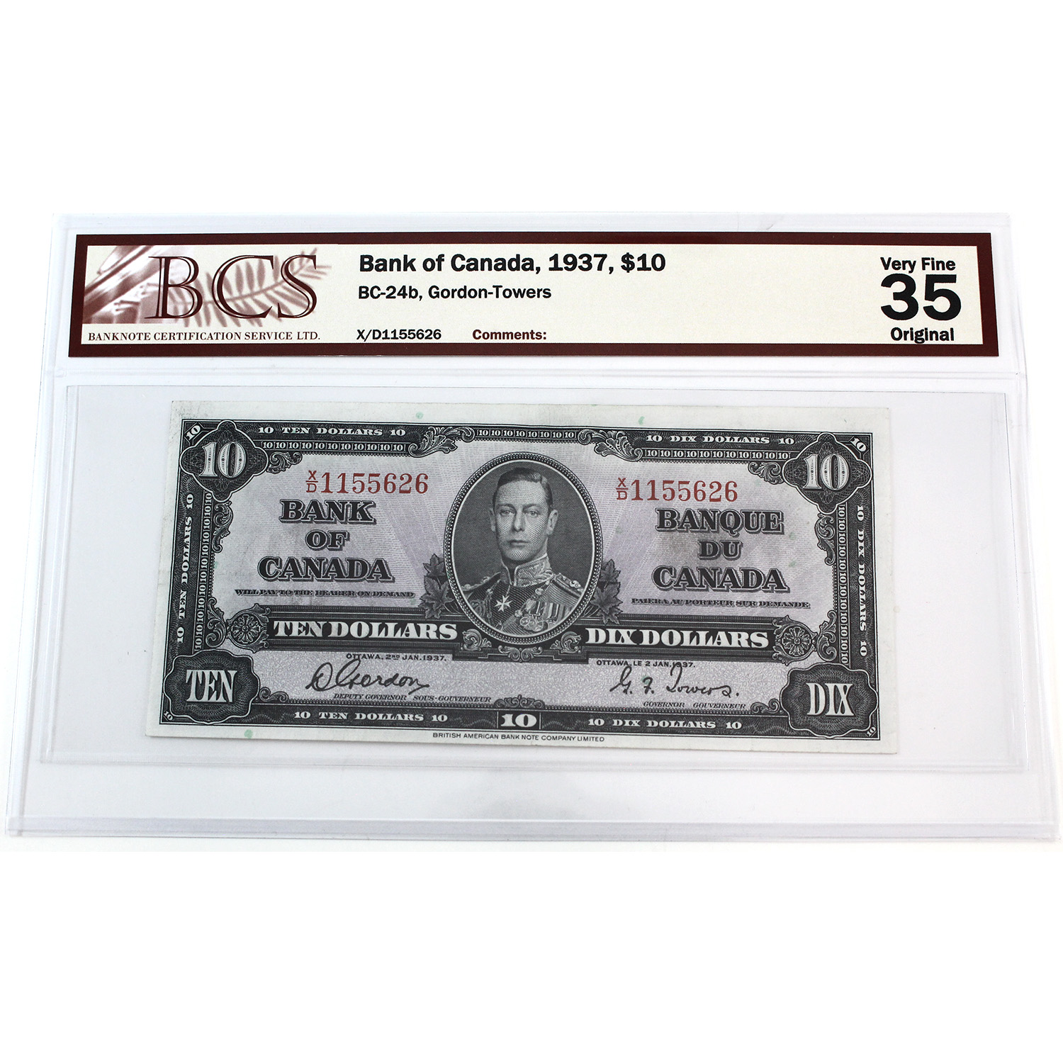 BC-24b 1937 $10 BCS VF35 Original Gordon-Towers SN:X/D1155626